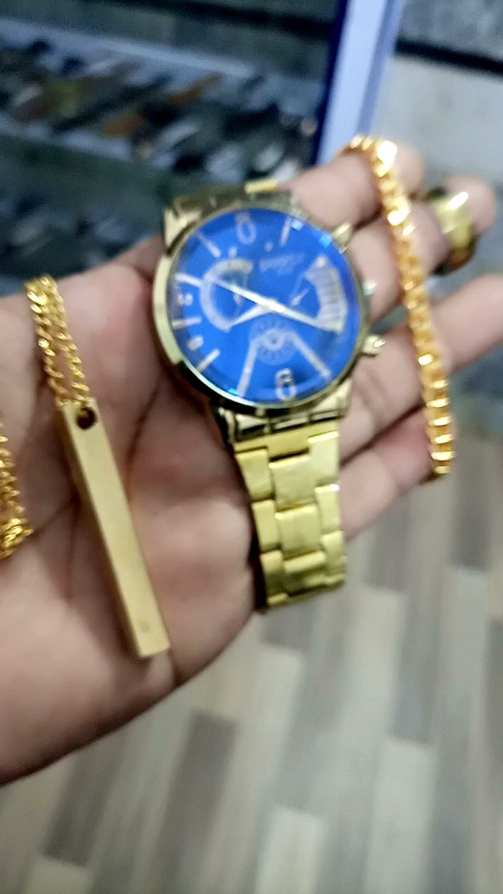 Pack of 4 Golden Watch, Chain Bracelet, Ring, Bar Locket Set for Men ...