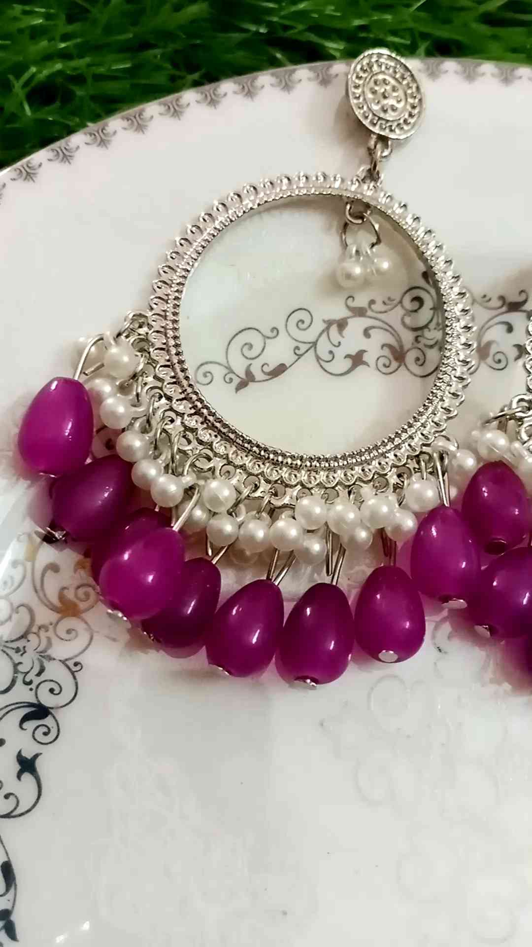 Silver round Jhumka earrings with magenta color hanging beads, Jhumka ...